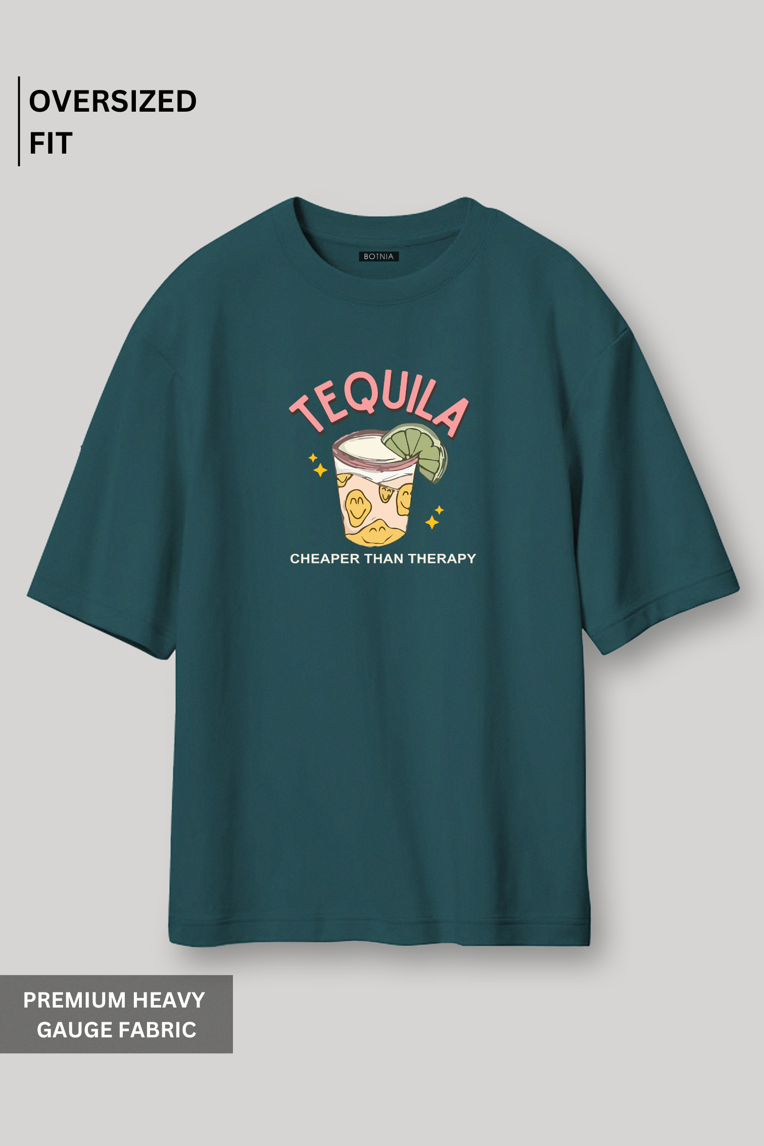 Tequila Dark Green 100% Cotton Terry Drop Shoulder, Oversized Printed ...