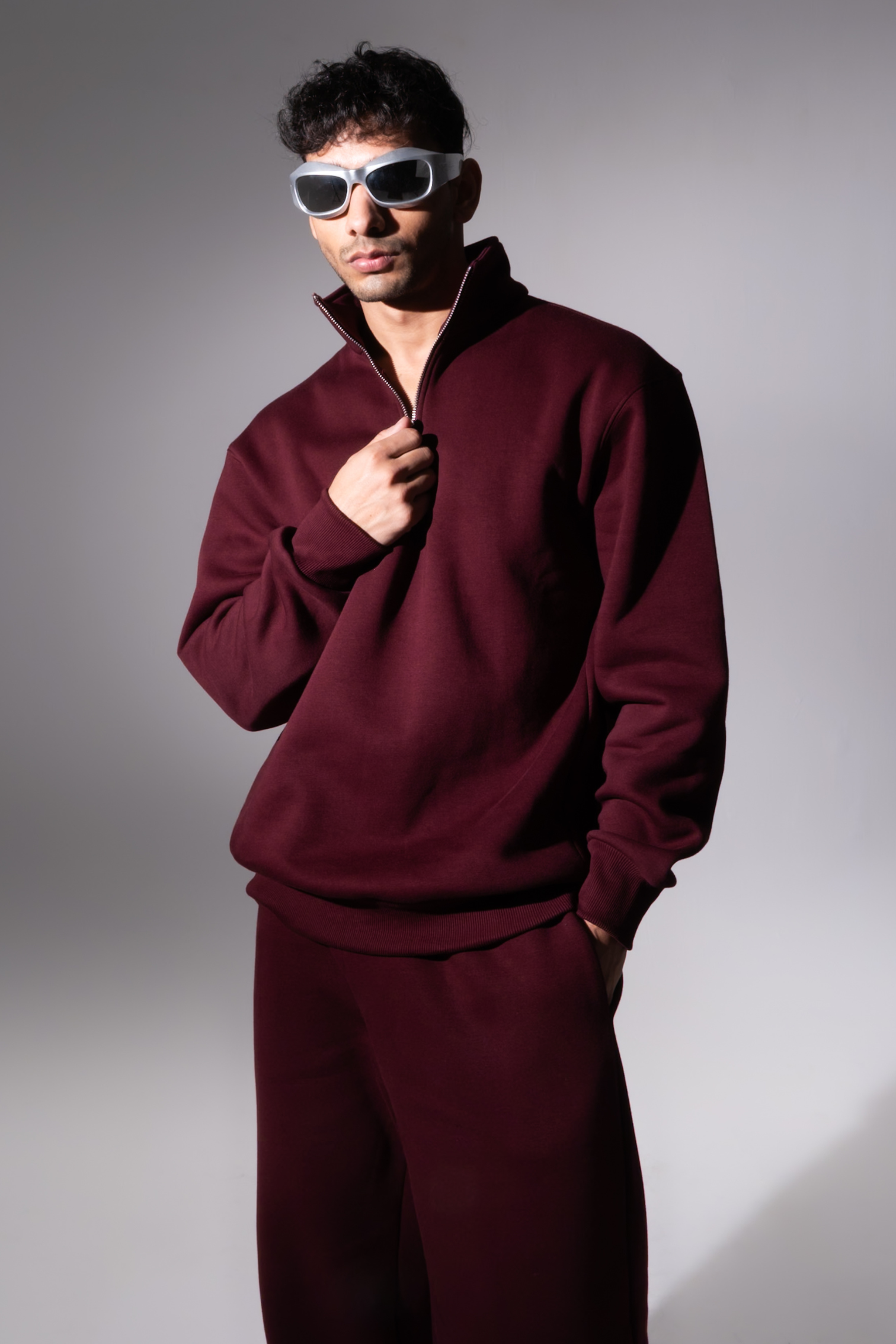Ultimate Co-Ord Set Wine Cotton Fleece Relaxed Solid Half Zipper Full ...